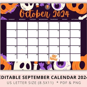 Editable Halloween 2024 Calendar Printable, October 2024, Holiday Theme ...