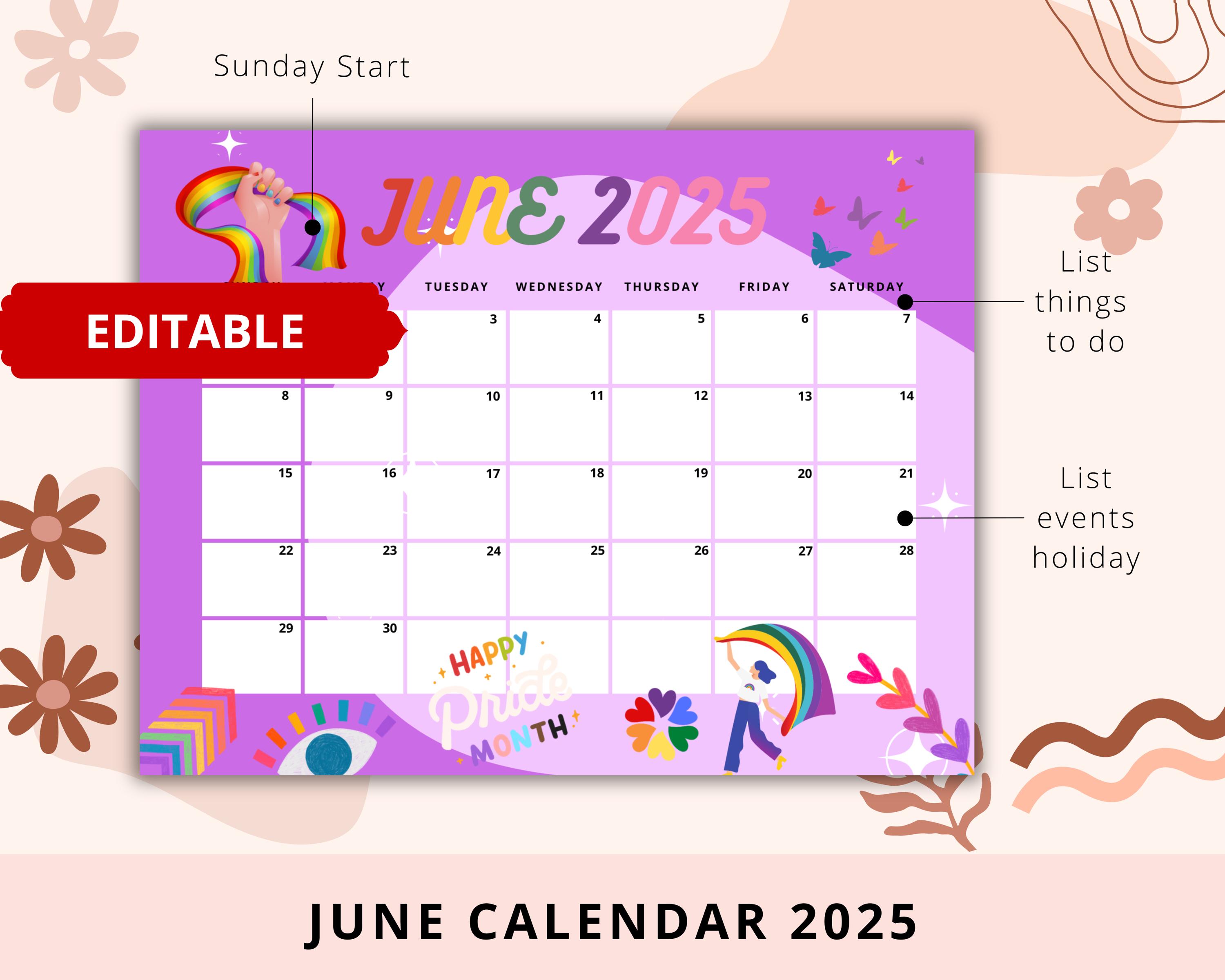 Editable June Calendar 2025, Pride Month 2025, Queer Proud, Academic ...