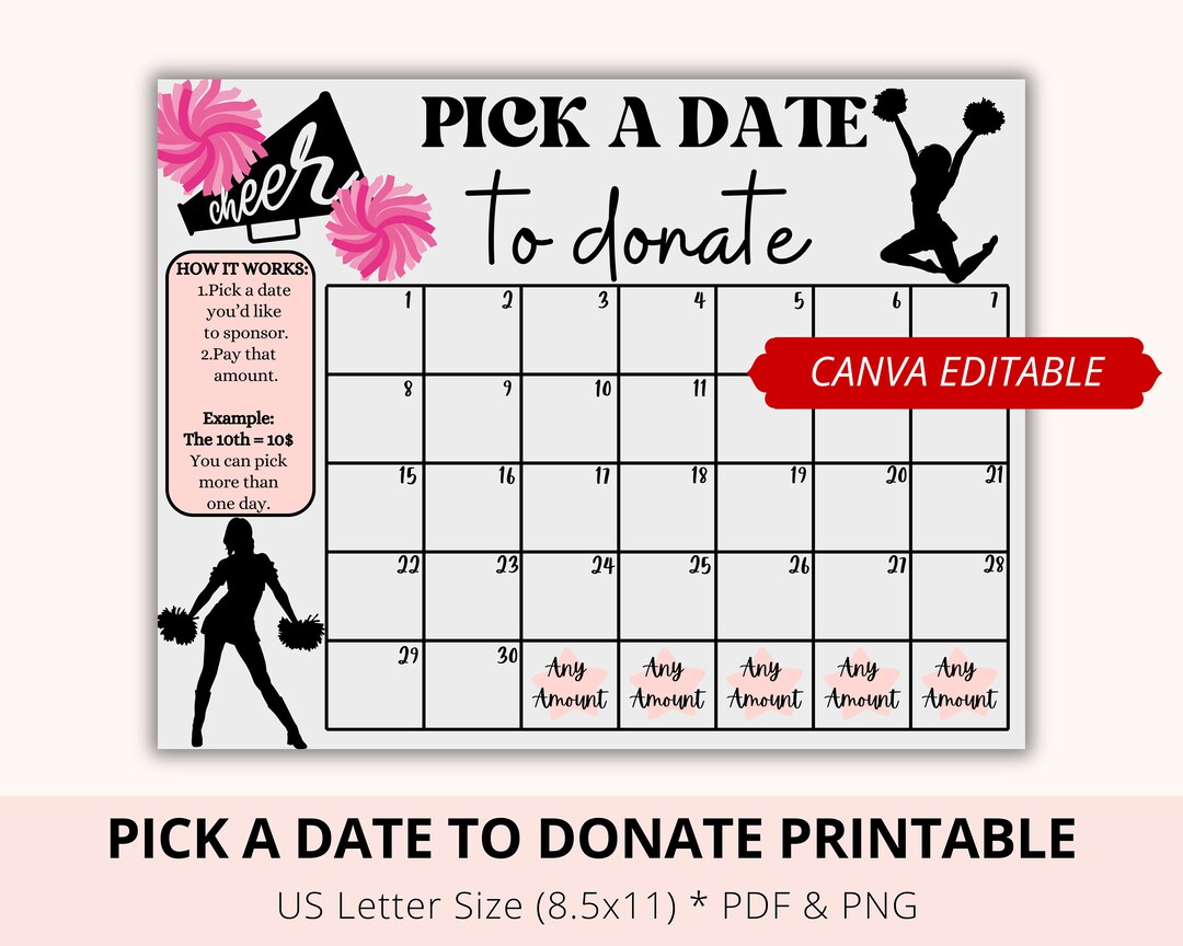 Editable Cheer Pick a Date to Donate, Pink, Black Out My Board, Canva ...