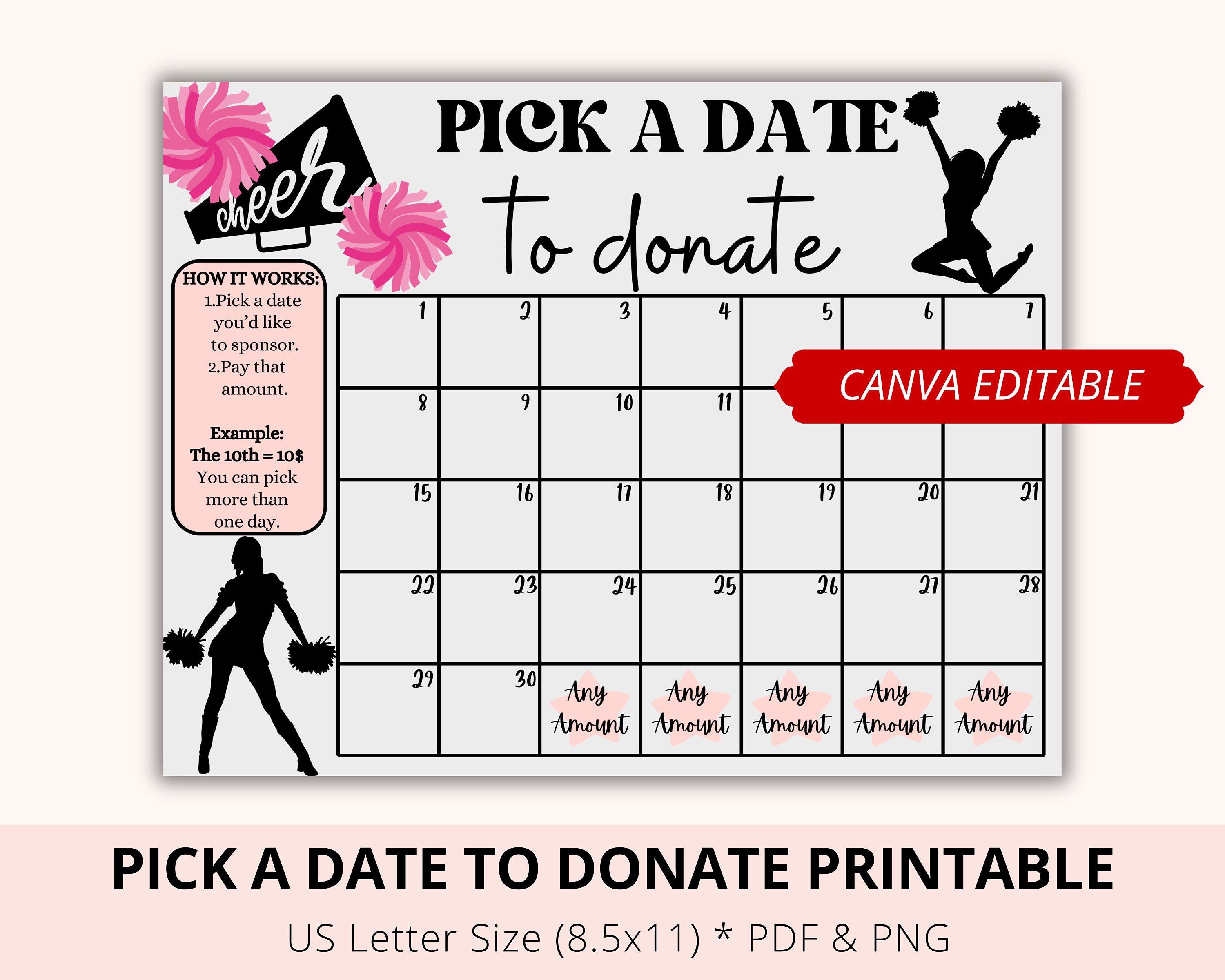 Editable Cheer Pick a Date to Donate, Canva Template, Pay the Date ...