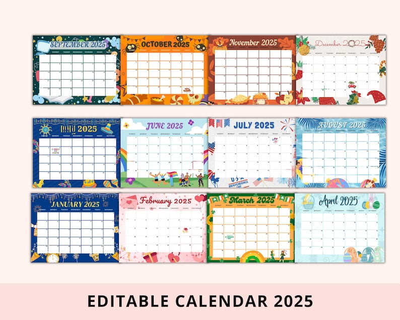 Editable Monthly Calendar 2025, Academic Planner, 12 Month, Holiday ...