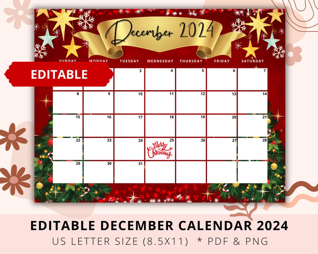 Editable Christmas Calendar 2024, December Calendar Printable, Red ...