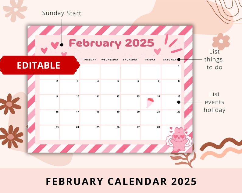 Editable February Calendar 2025, Pink Theme, Valentine Planner 2025 ...