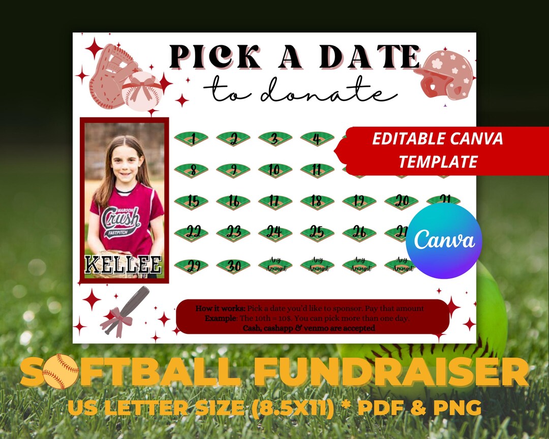 Editable Softball Pick a Date to Donate, Maroon Theme, Black Out My ...