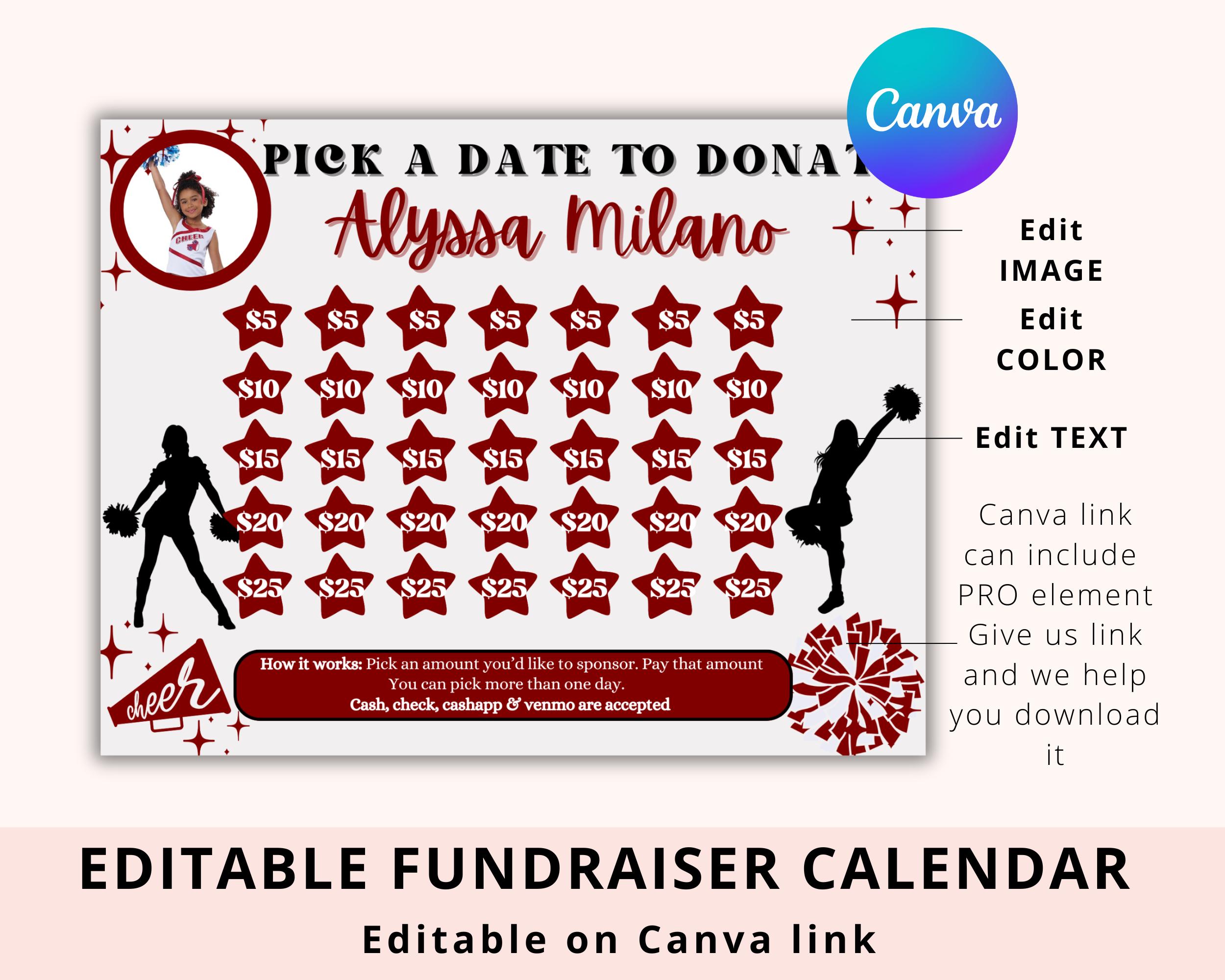 Editable Cheer Pick a Date to Donate, Canva, Maroon Theme, School Fund ...