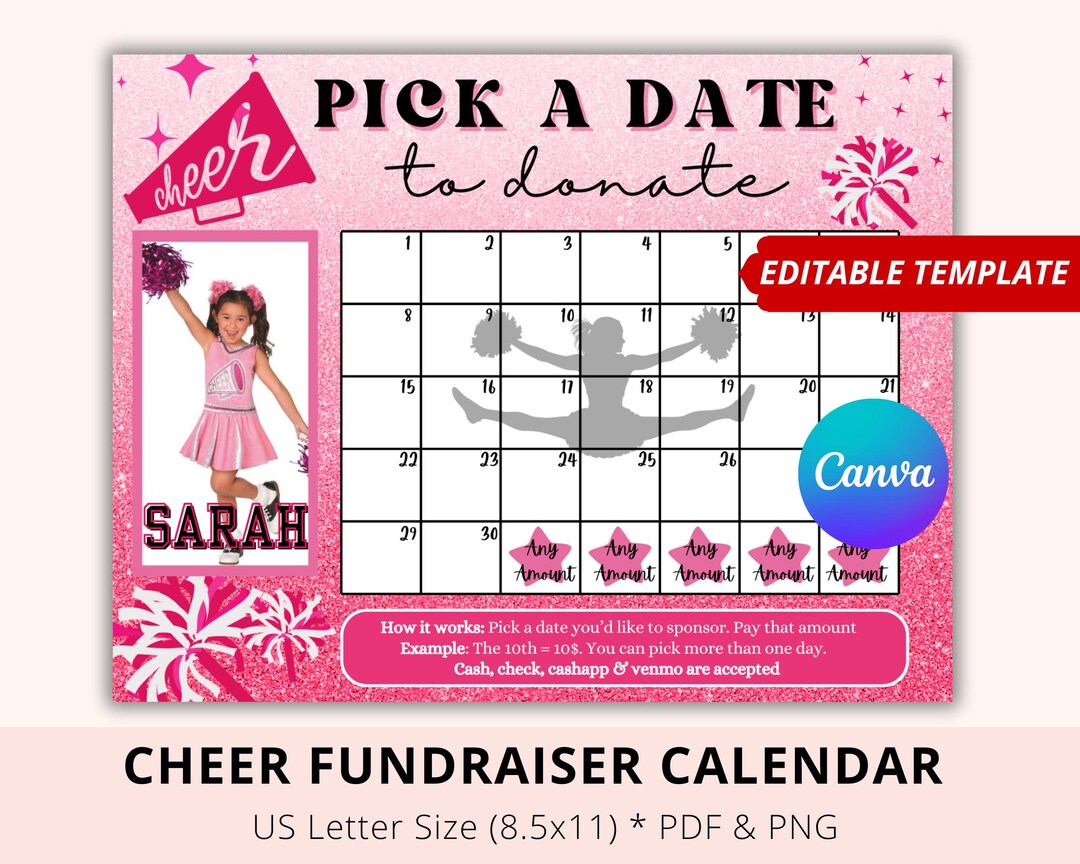 Editable Cheer Pick a Date to Donate, Canva, Pink Theme, Cheer ...