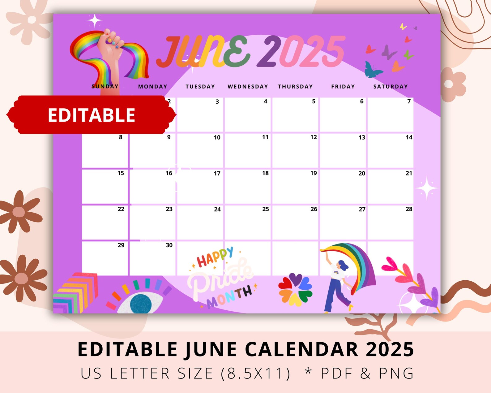 Editable June Calendar 2025, Pride Month 2025, Queer Proud, Academic ...