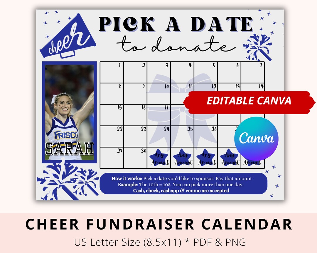 Cheer Fundraiser Calendar, Cheer Pick a Date to Donate, Navy Theme ...