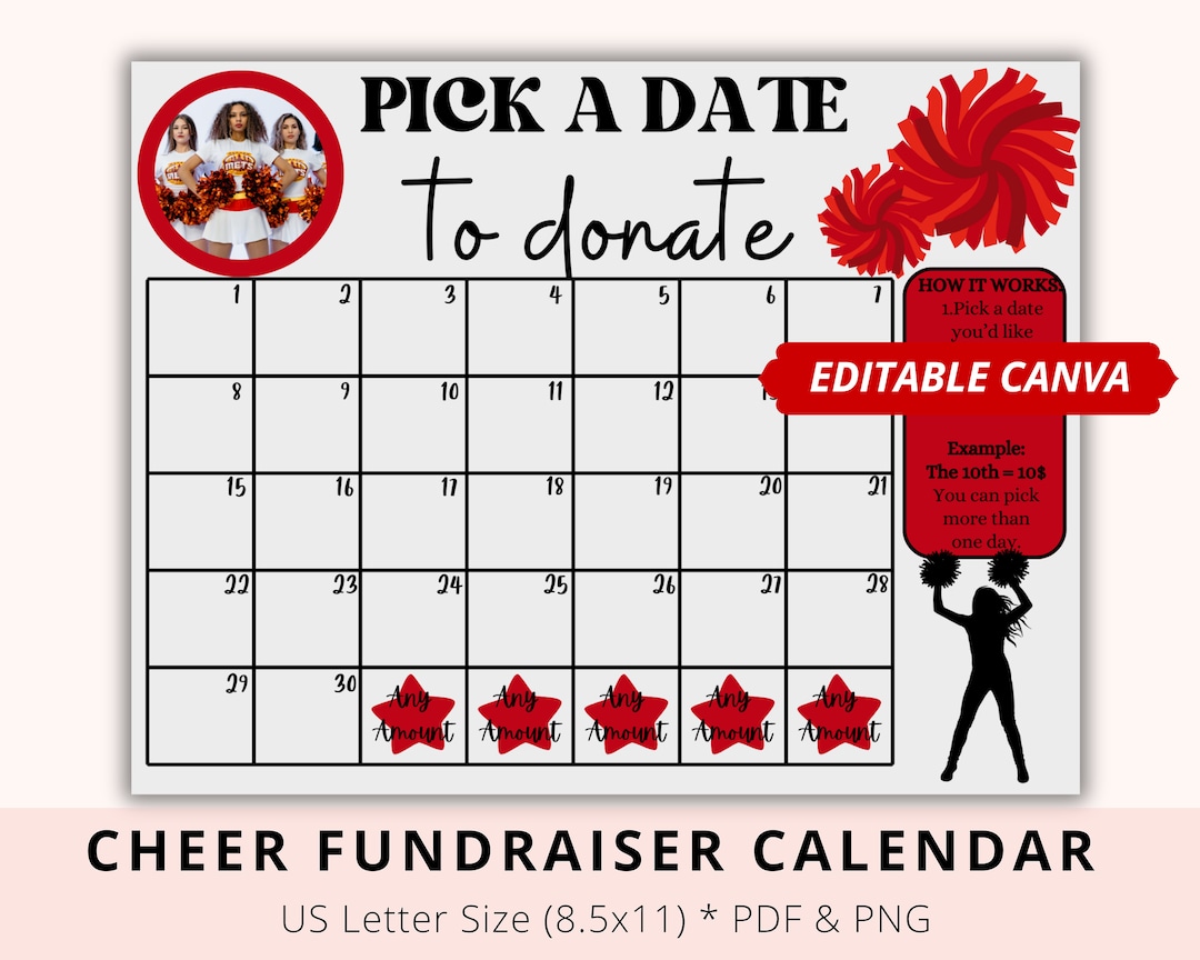Cheer Pick a Date to Donate, Fundraiser Calendar, Editable Canva, Pay ...