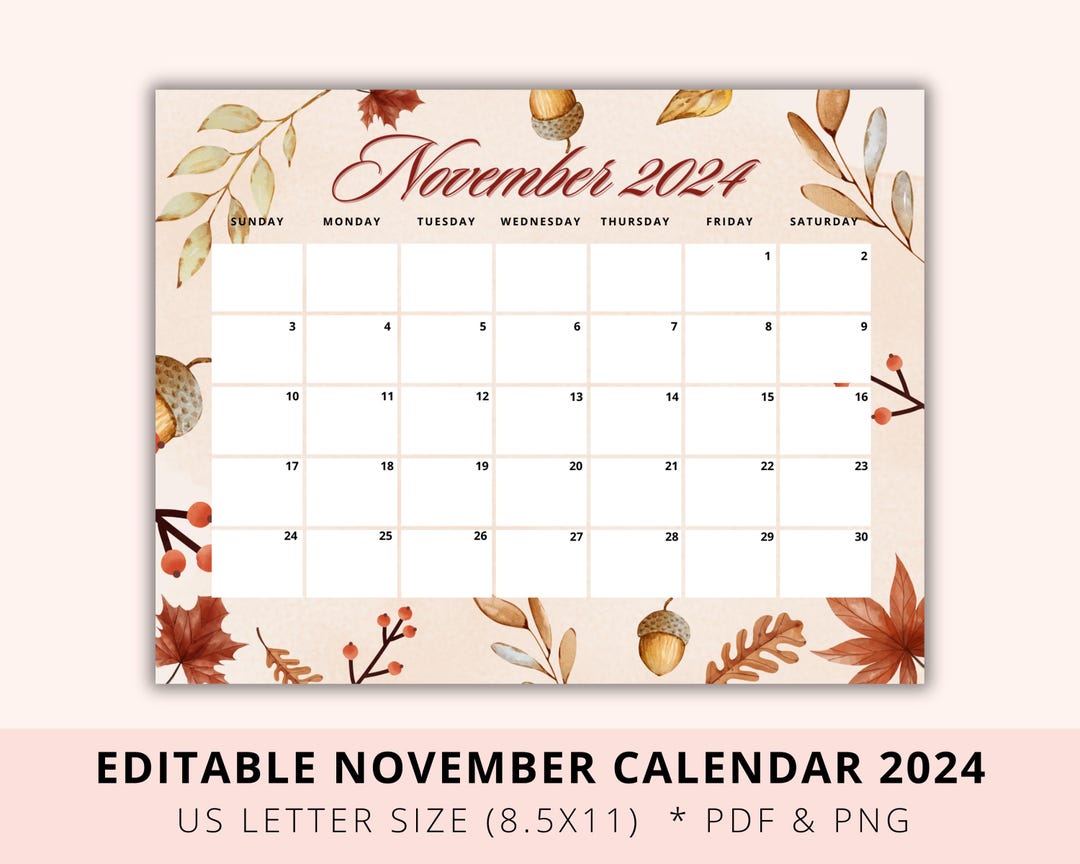 Editable November 2024 Calendar, Thanksgiving 2024 Calendar, Academic ...