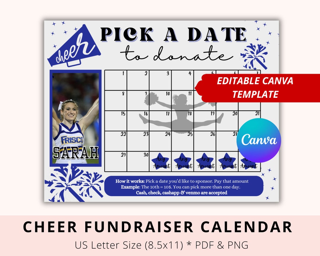 Editable Cheer School Fundraiser Calendar, Cheer Pick a Date to Donate ...