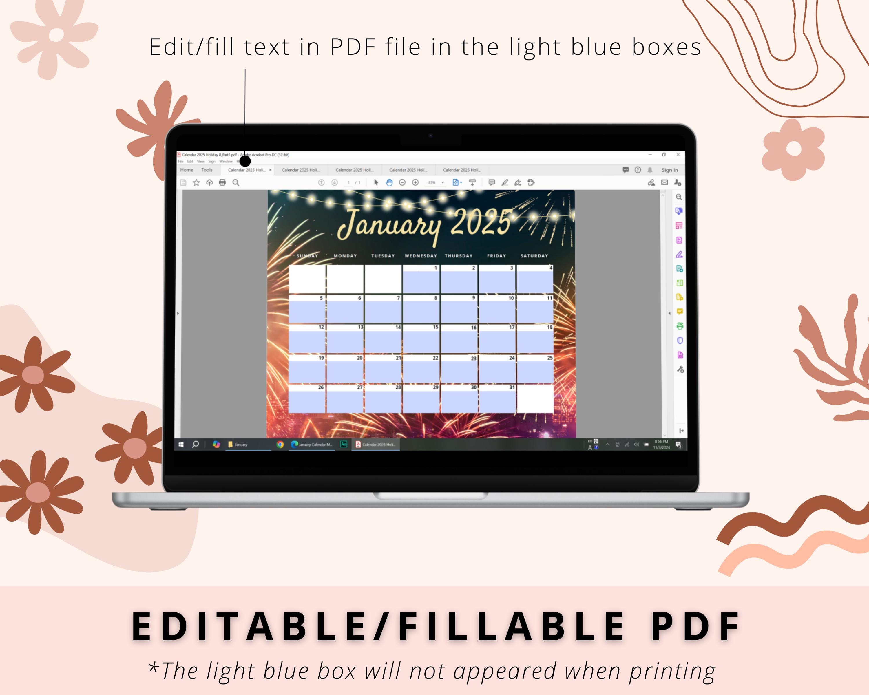 Editable January 2025 Calendar, New Year 2025, Monthly Calendar ...