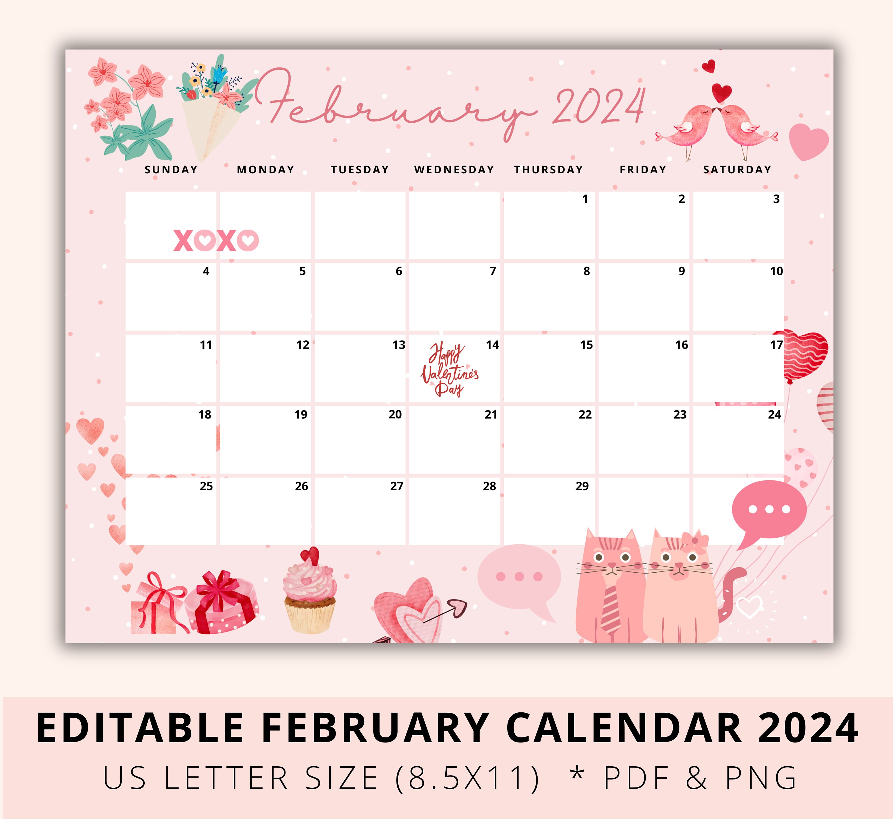 Editable February Calendar 2024, Academic Planner, Valentine Planner ...