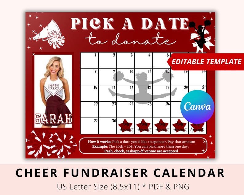 Editable Cheer Pick a Date to Donate, Black Out My Board, Help Pay My ...