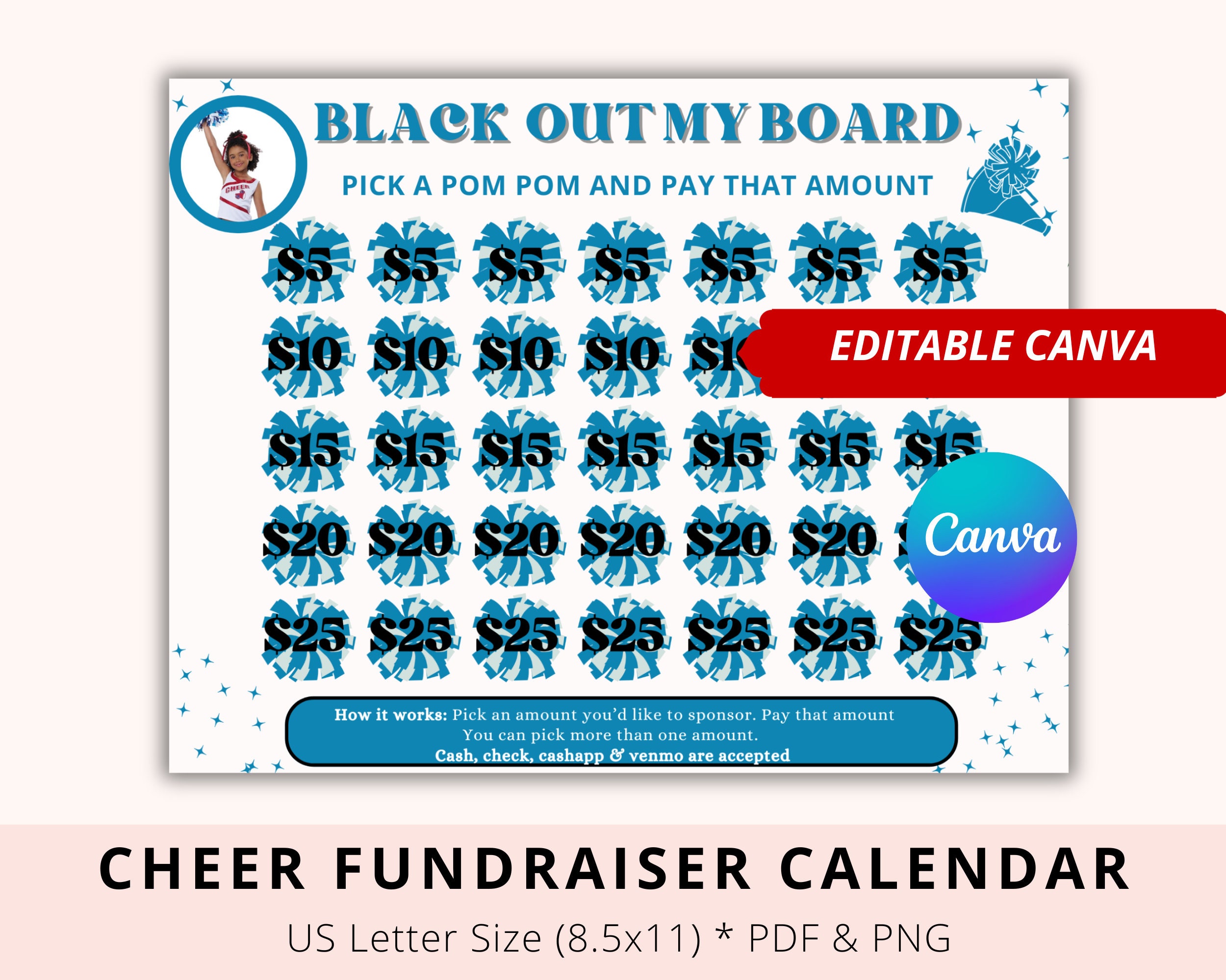 Editable Cheerleading Pick a Date to Donate, Cheer Black Out My Board ...