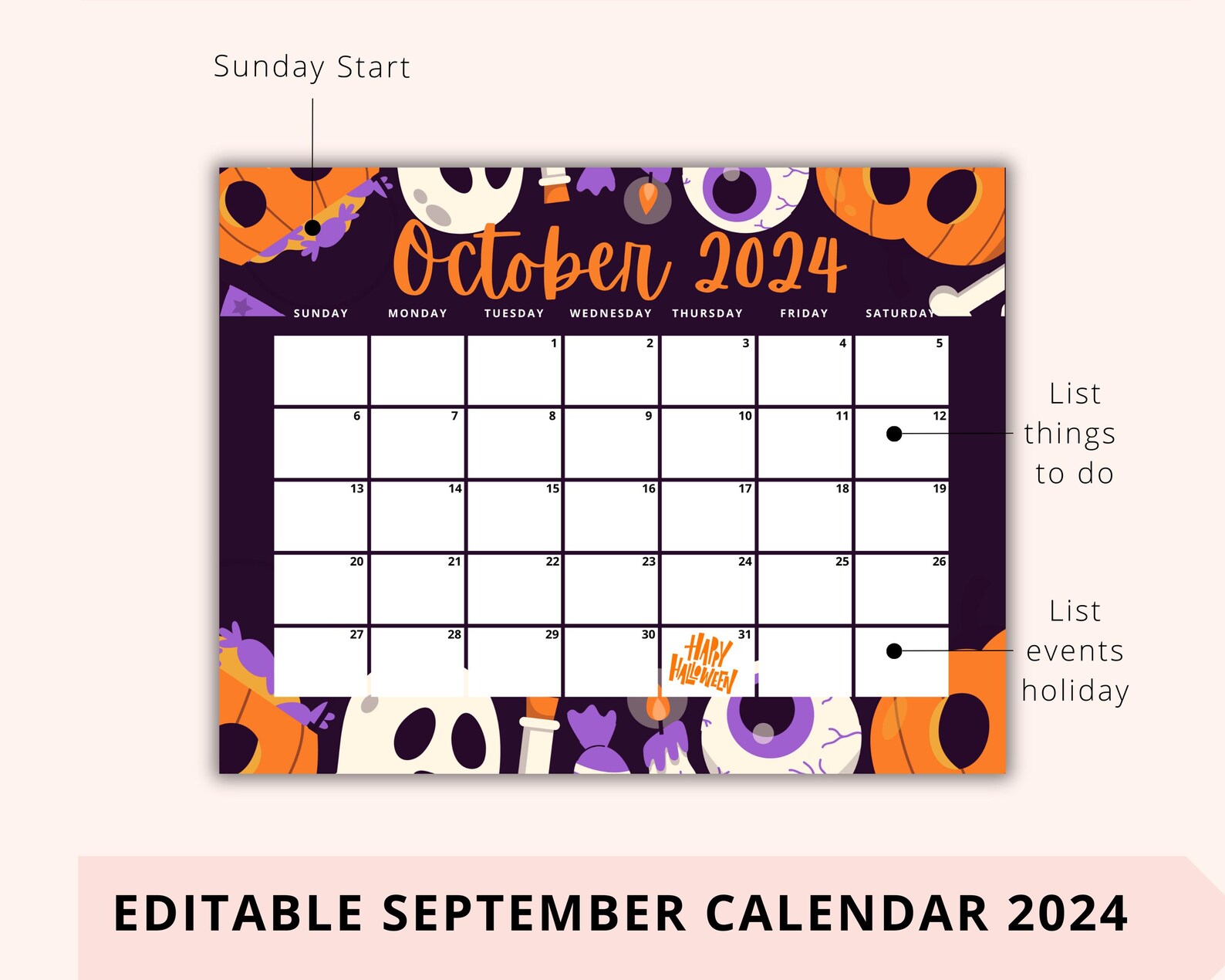 Editable Halloween 2024 Calendar Printable, October 2024, Holiday Theme ...