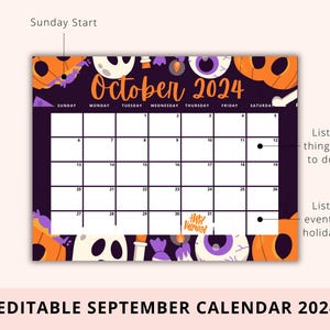 Editable Halloween 2024 Calendar Printable, October 2024, Holiday Theme ...