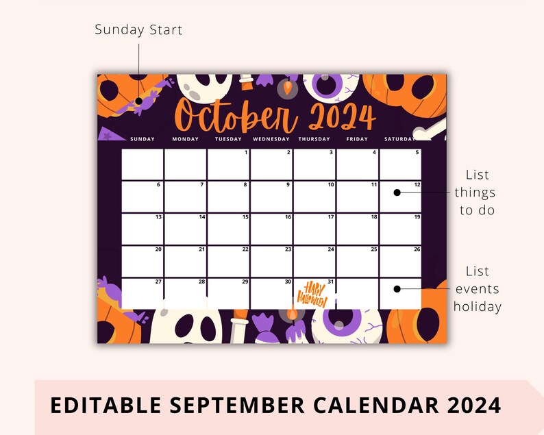 Editable Halloween 2024 Calendar Printable, October 2024, Holiday Theme ...