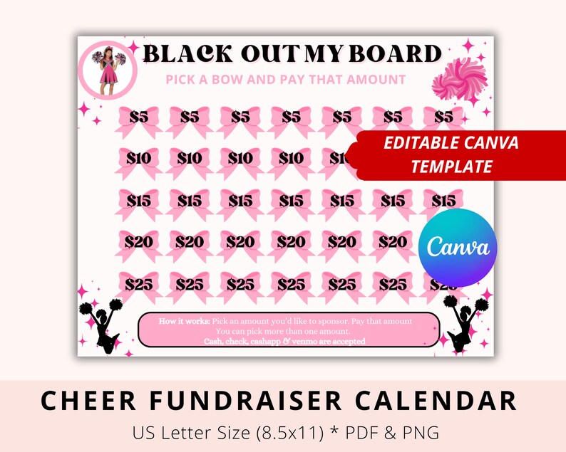 Editable Black Out My Board, Cheer Pick a Date to Donate, Pink ...