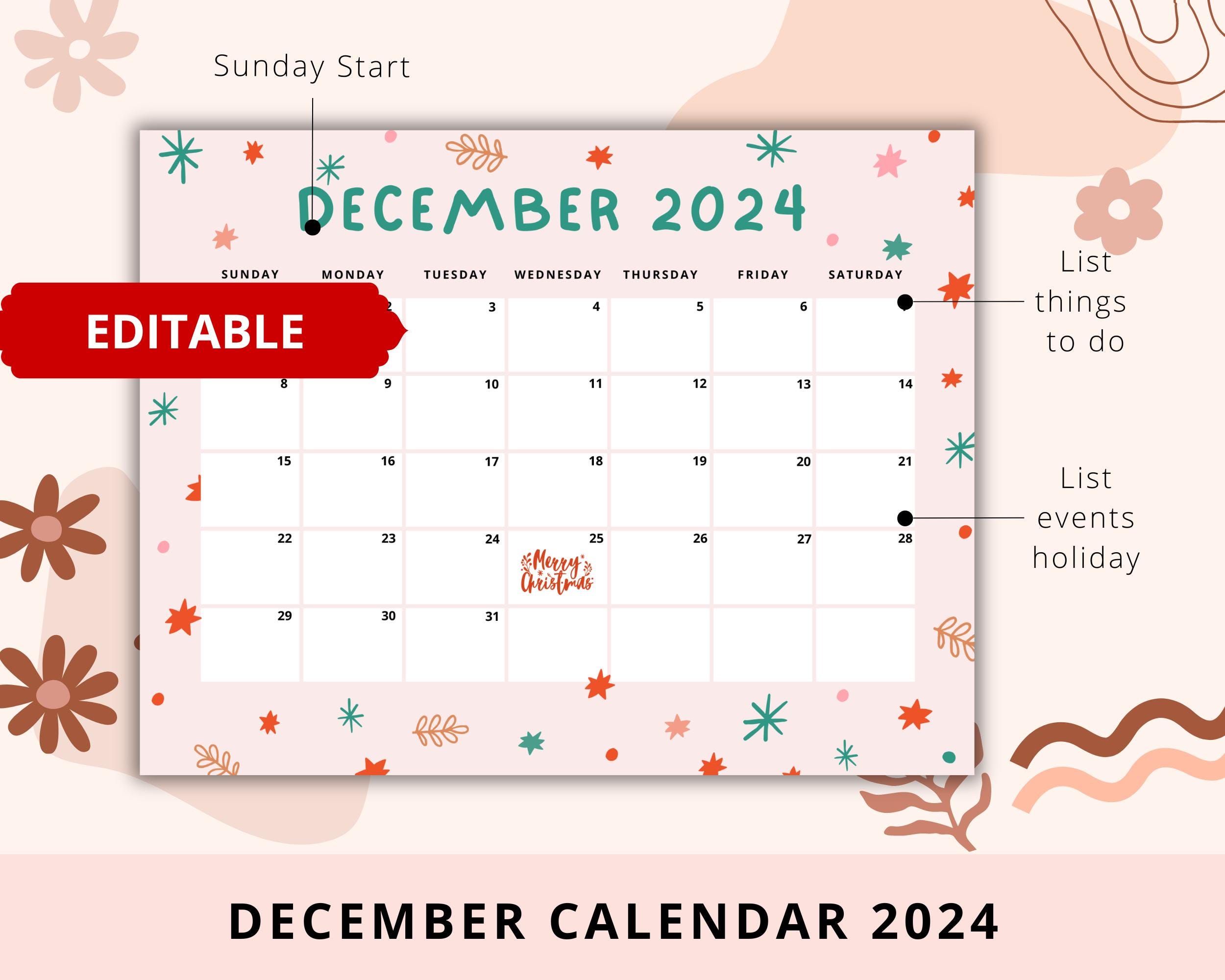 Editable Christmas Calendar 2024 Printable, December 2024, Cat Calendar ...