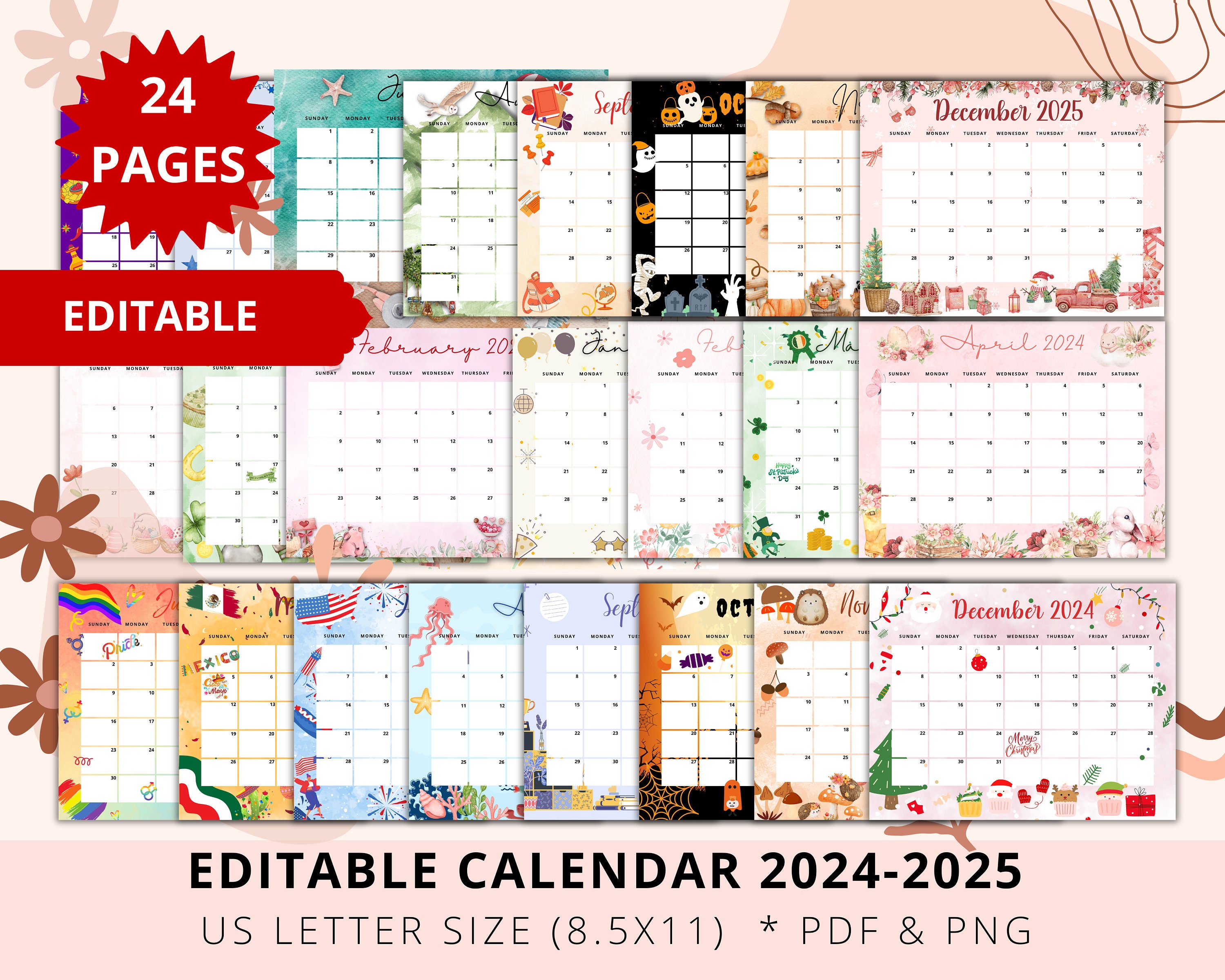 Editable Monthly Calendar 2024, 12 Month, Holiday Calendar, Calendar ...