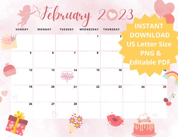 Editable Valentine February 2023 February Monthly Calendar - Etsy