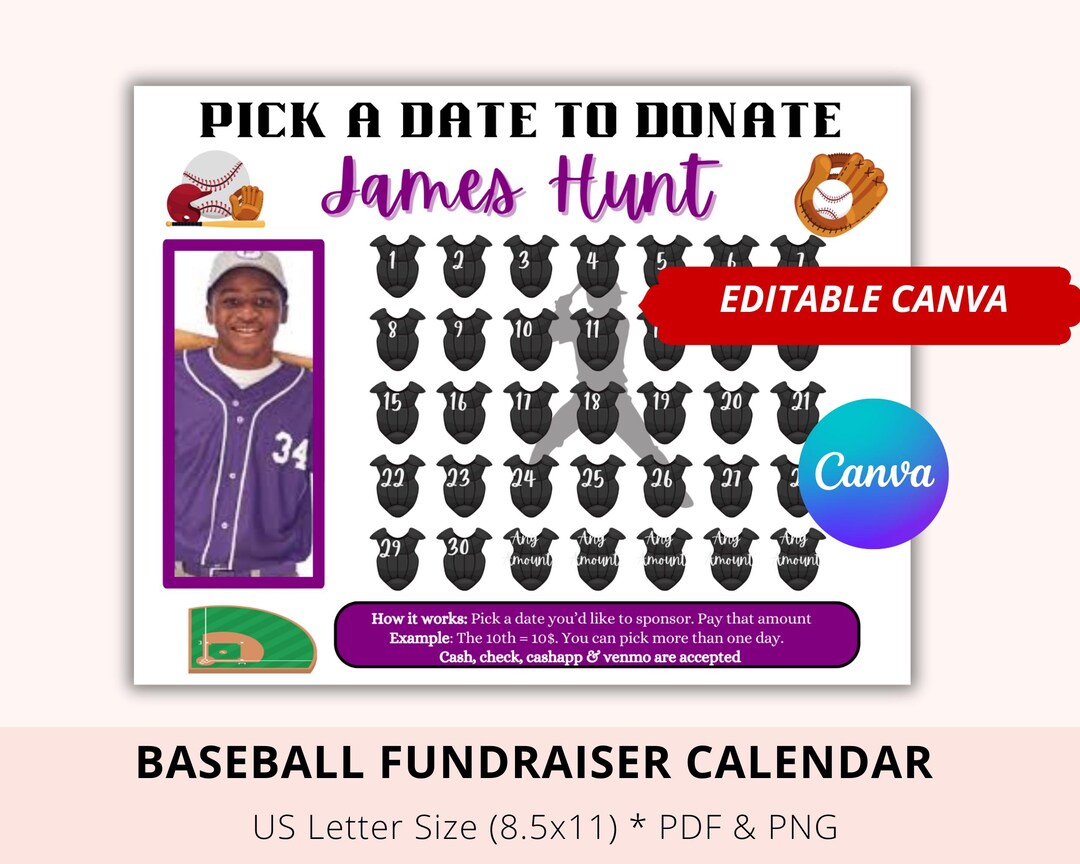 Editable Baseball Black Out My Board, Fundraiser Calendar, Purple, Pick ...