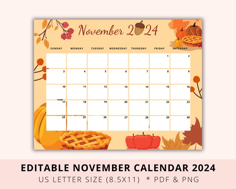 Editable Thanksgiving 2024 Calendar, November 2024 Calendar, Autumn ...