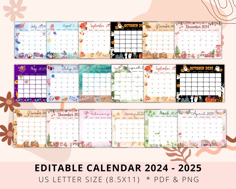 EDITABLE Monthly Calendar 2024 2025 Bundle, Calendar 2025, Academic ...
