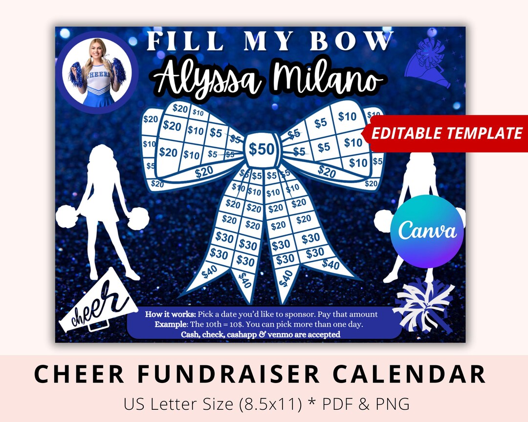 Editable Cheer Fundraiser Calendar, Cheer Pick a Date to Donate, Navy ...