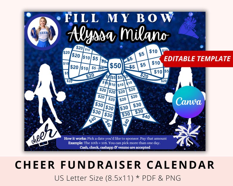 Editable Cheer Fundraiser Calendar, Cheer Pick a Date to Donate, Navy ...