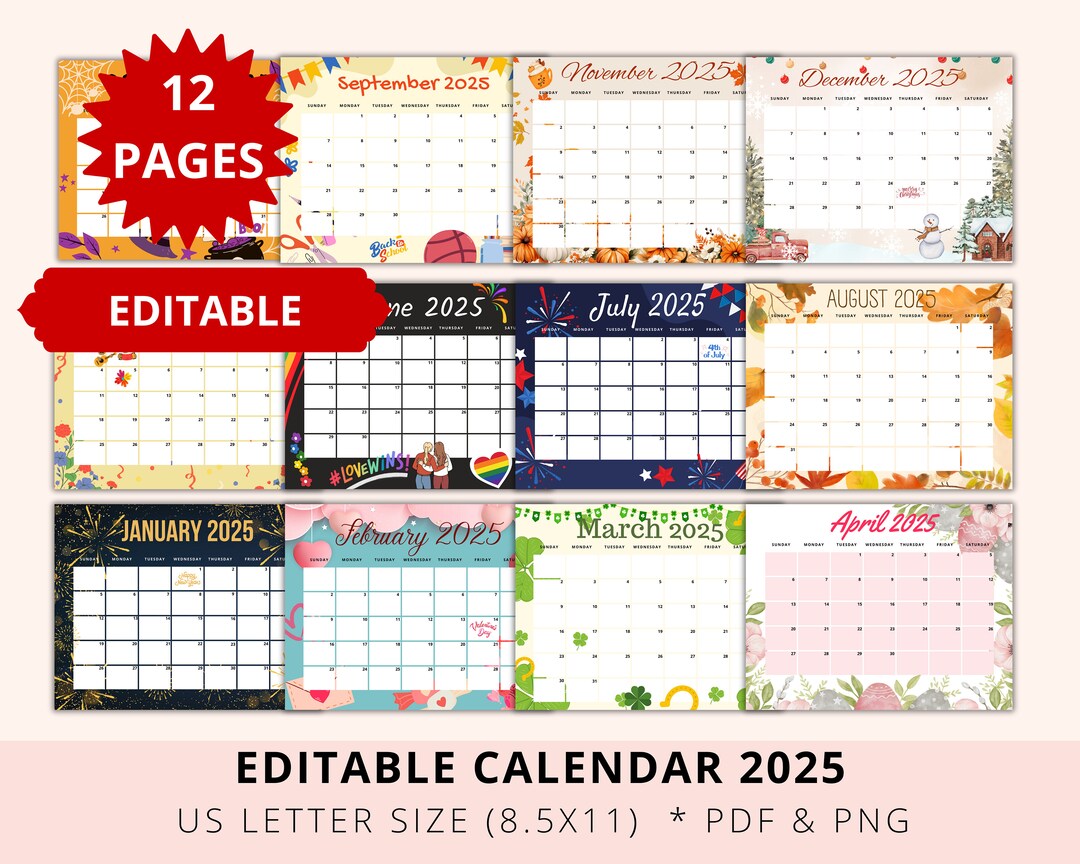 Editable Monthly Calendar 2025, Holiday Calendar, 12 Month, Back to ...
