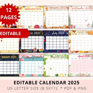 Editable Monthly Calendar 2025, Holiday Calendar, 12 Month, Back to ...