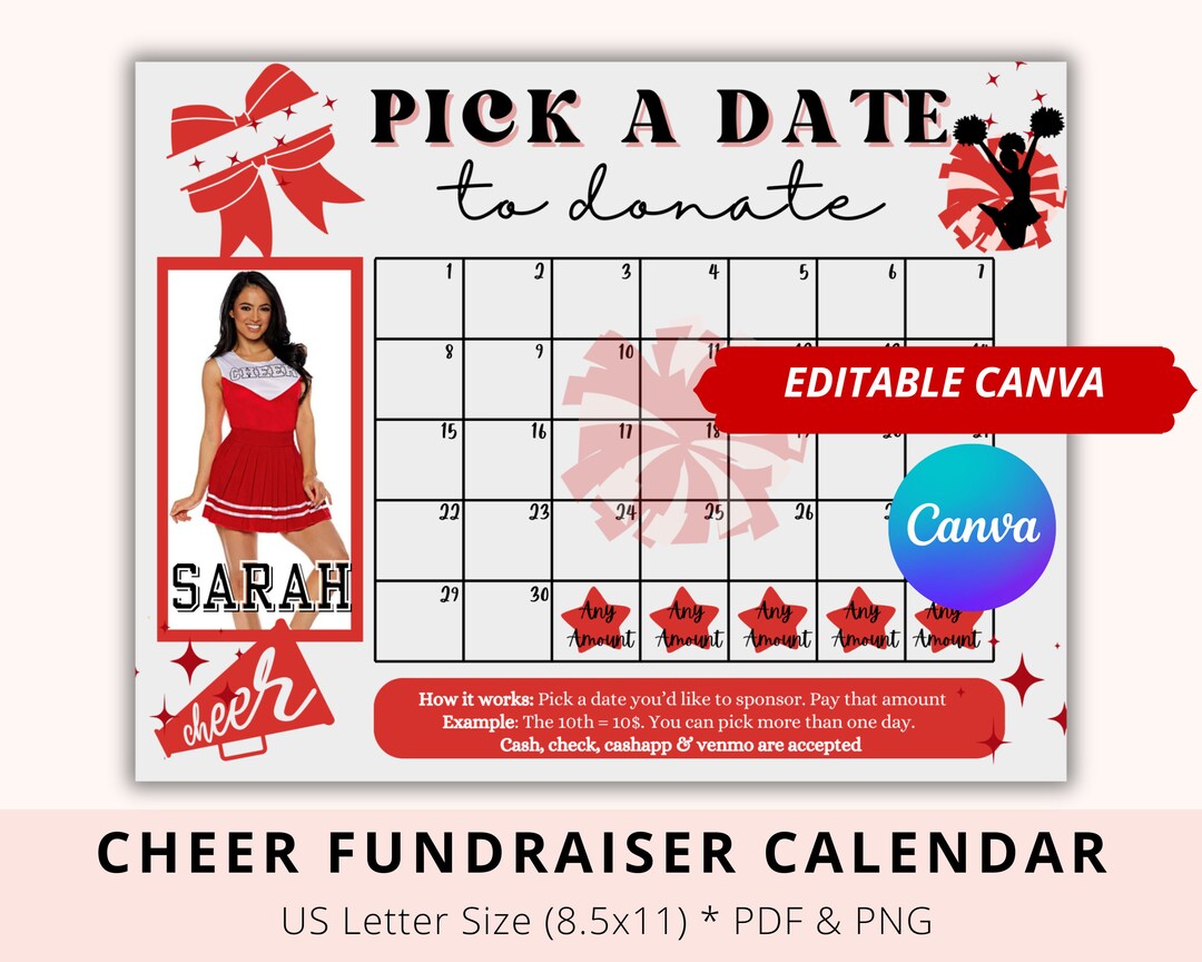 Editable Cheer Pick a Date to Donate, Black Out My Board, Red Theme ...