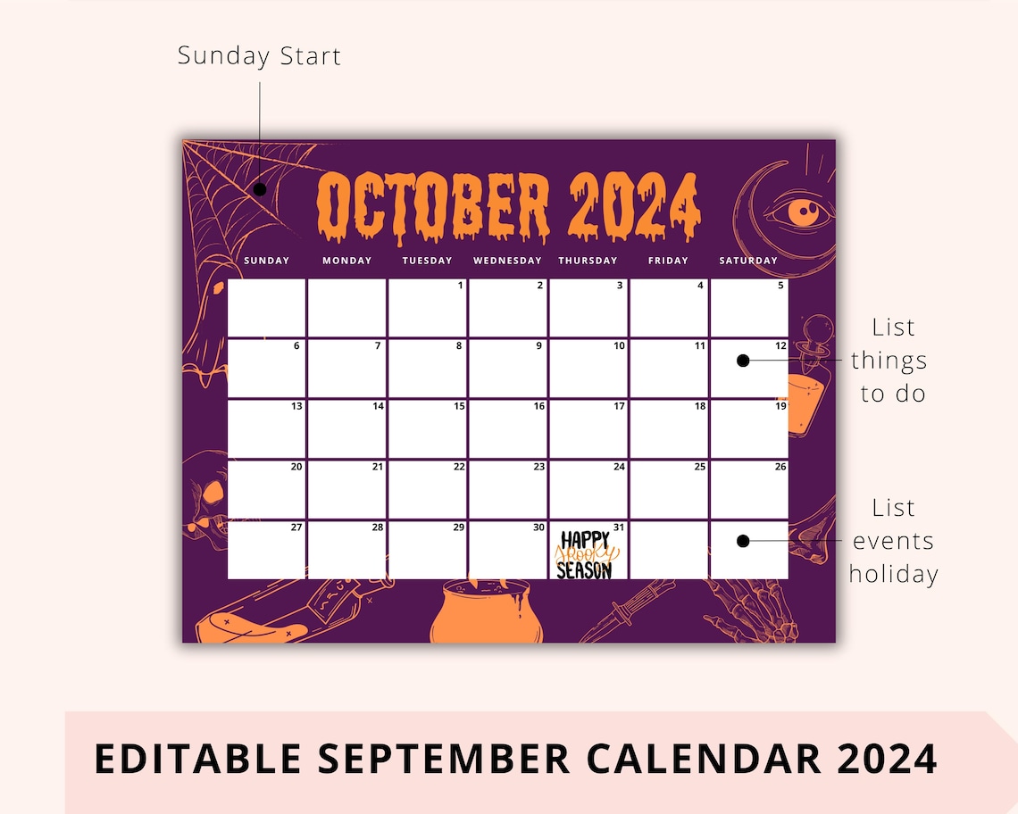 Editable October 2024 Calendar Printable, Trick or Treat, Halloween ...