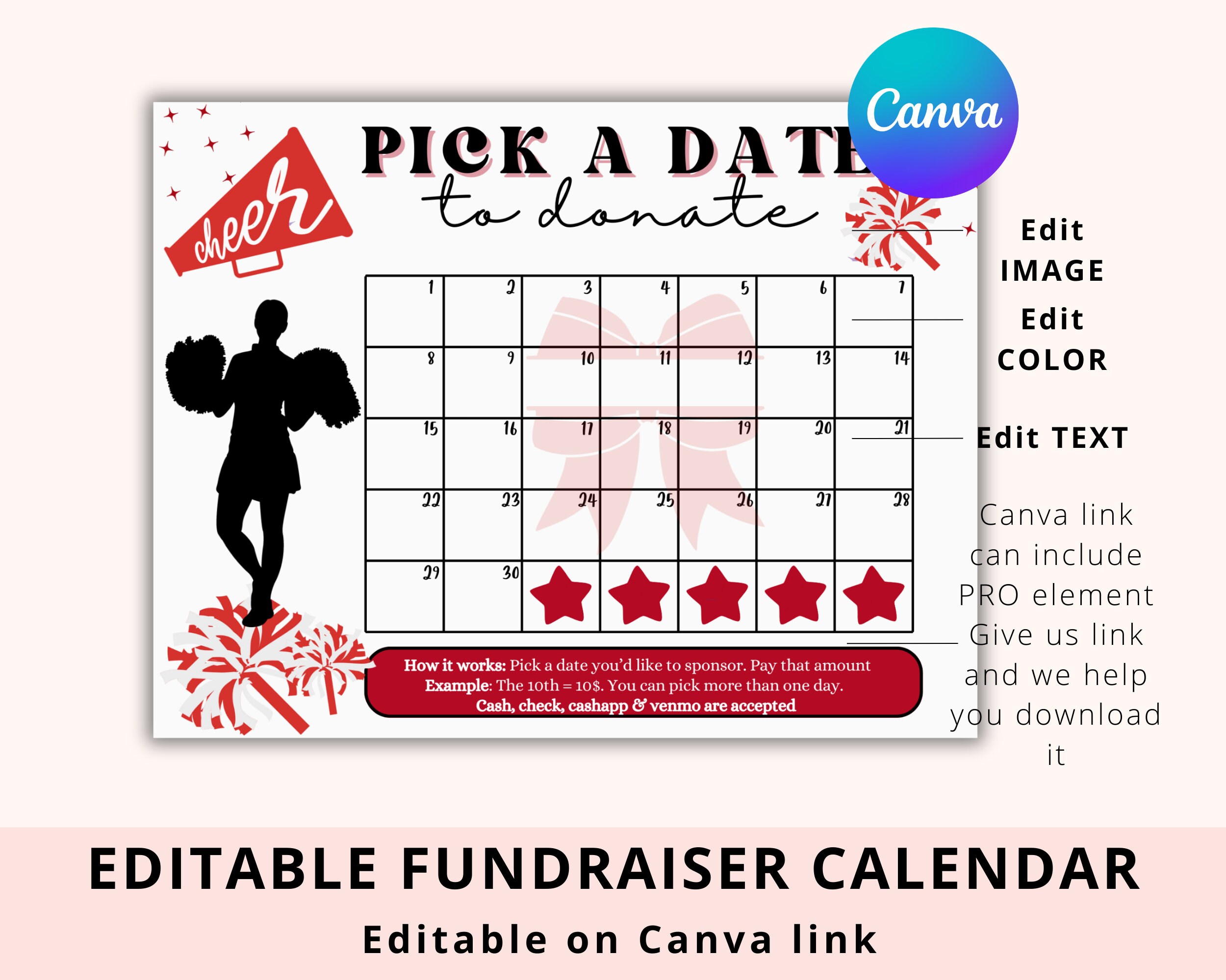 EDITABLE Cheer Template Pick a Date, Maroon Theme, Fundraiser Calendar ...