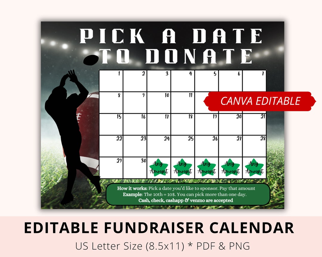 Editable Football Fundraiser Calendar, Football Pick a Date to Donate ...