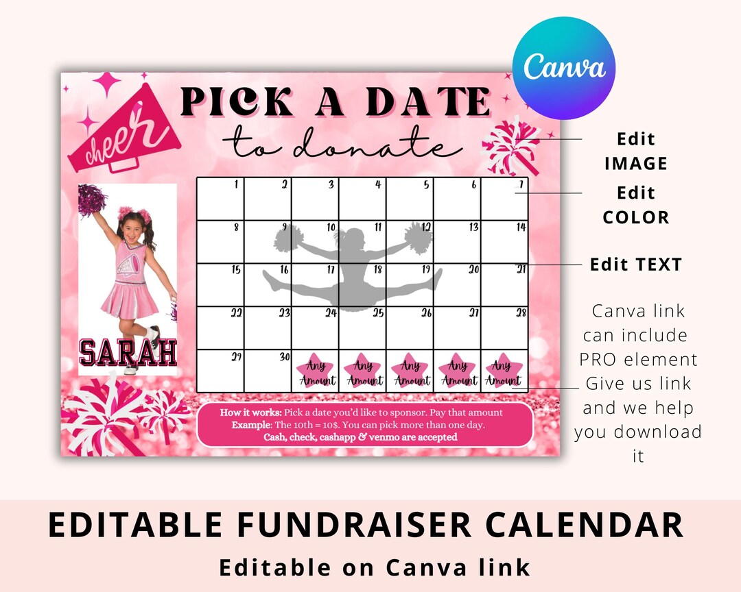 Editable Cheer Pick a Date to Donate, Canva, Pink, Cheerleading ...