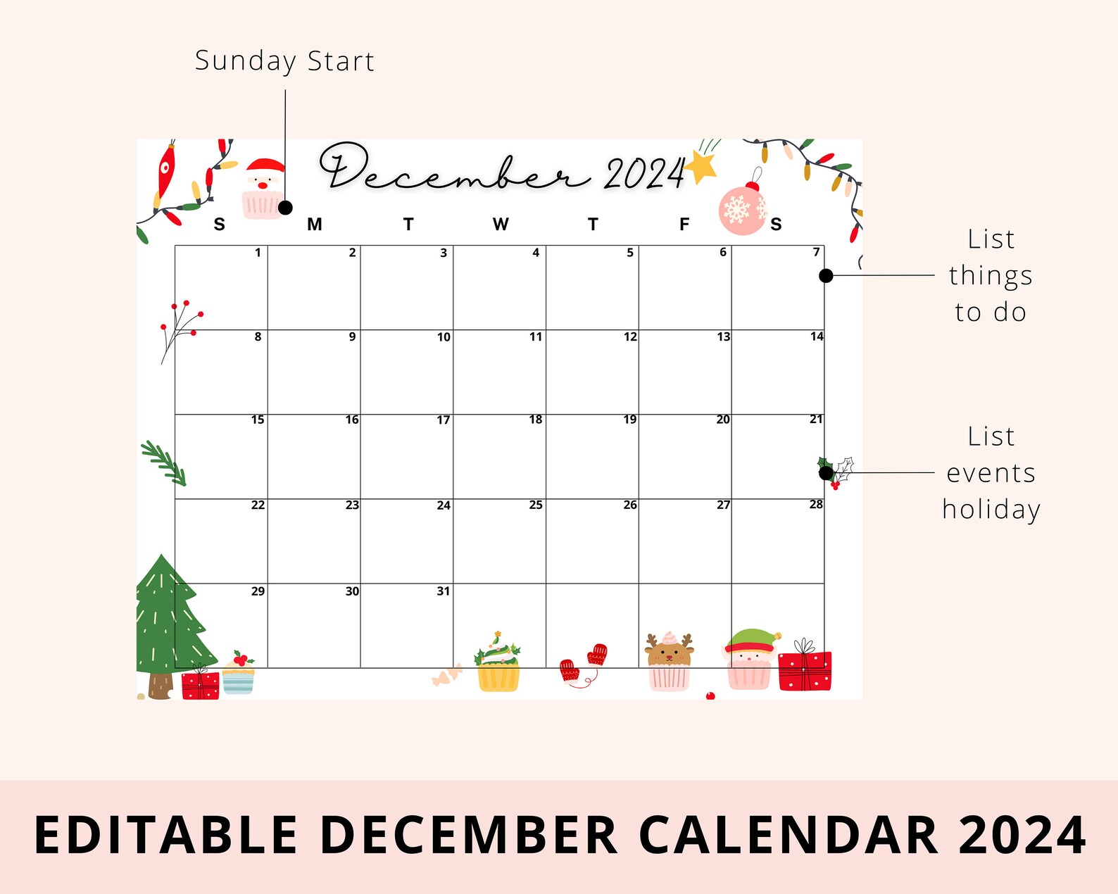 Editable Christmas 2024 Calendar, Monthly Calendar, December Calendar ...