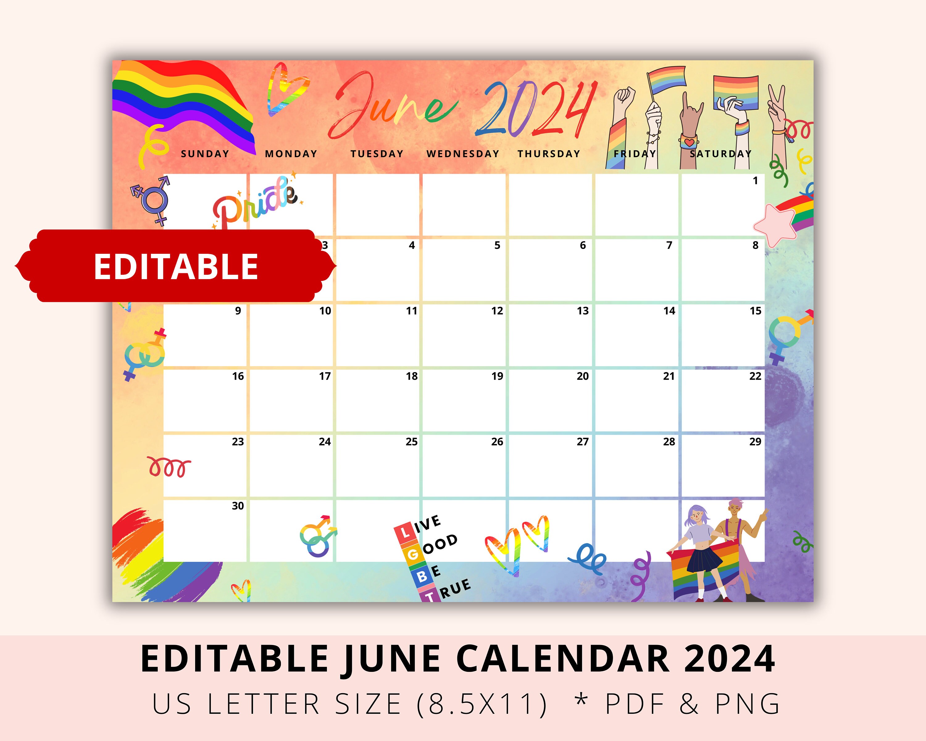 Editable Pride Month 2024, June Calendar 2024, Queer Proud, Academic ...