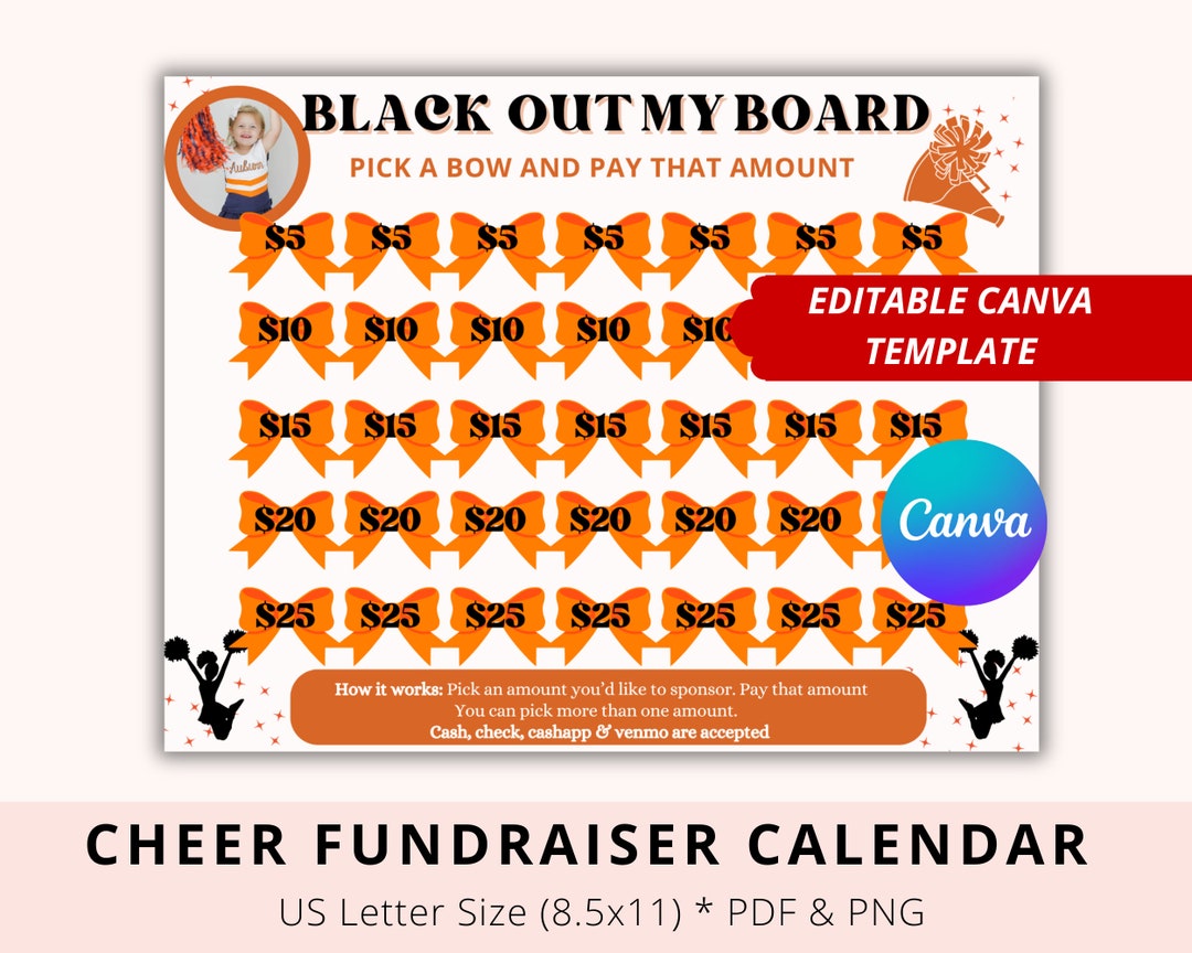 Black Out My Board, Bow Theme, Cheer Pick a Date to Donate, Editable ...