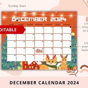 Editable Christmas Calendar 2024, December 2024 Calendar, Pink Theme ...