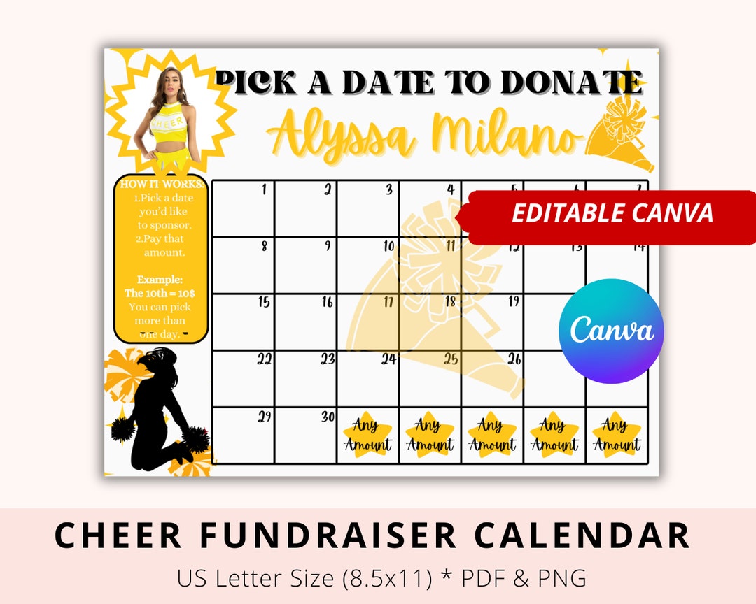 Editable Cheerleading Pick a Date to Donate, Yellow Theme, Black Out My ...