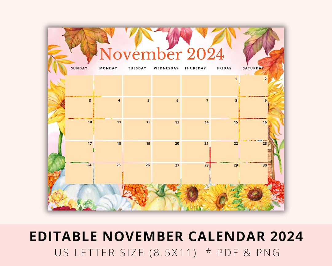 Editable Thanksgiving 2024 Calendar, November 2024 Calendar, Autumn ...