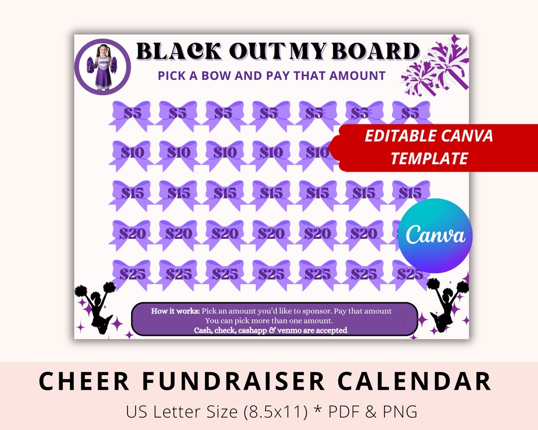 Editable Cheer Pick a Date to Donate, Black Out My Board, My Cheer ...