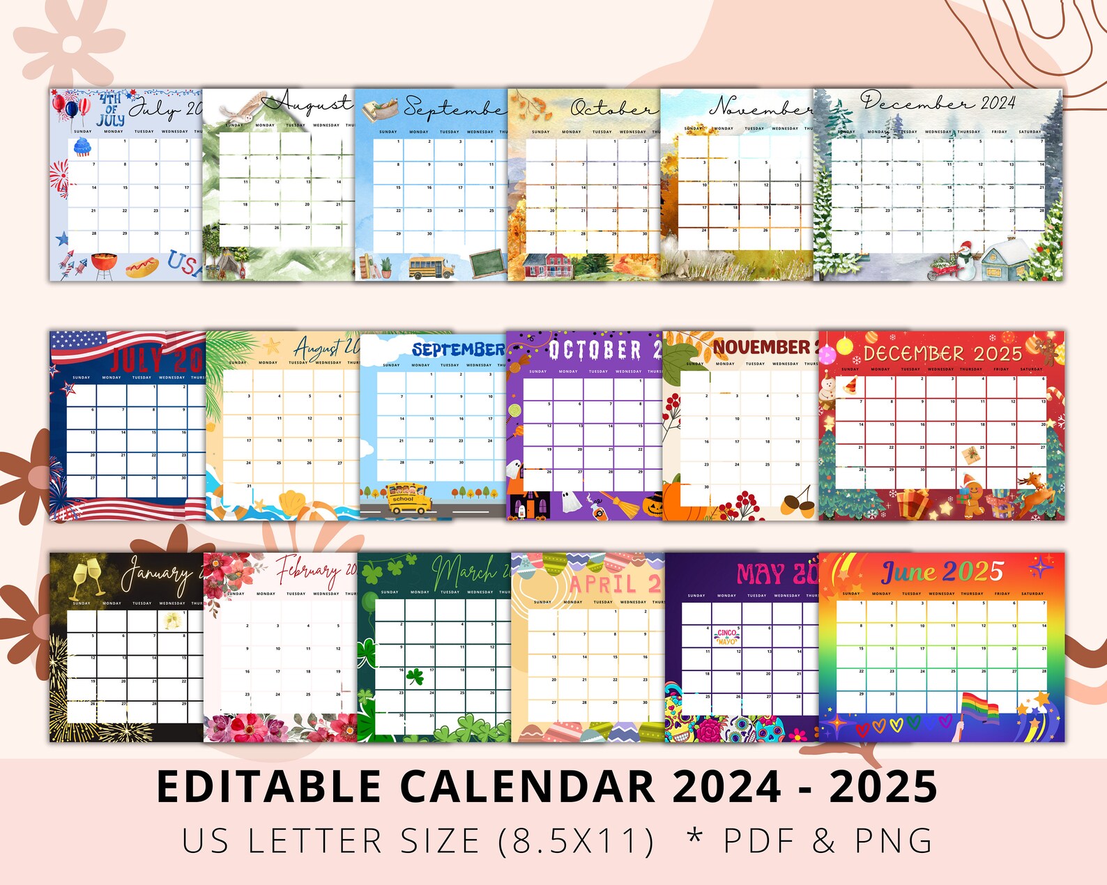 Editable Calendar 2024 2025, Calendar 2025, Back to School, Holiday ...