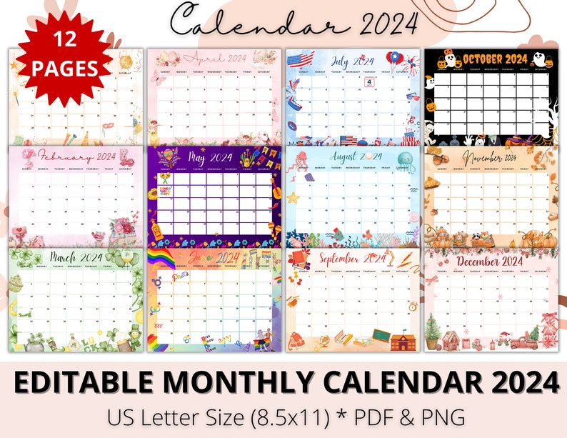Editable Calendar 2024, Academic Planner, Holiday Calendar, Monthly ...