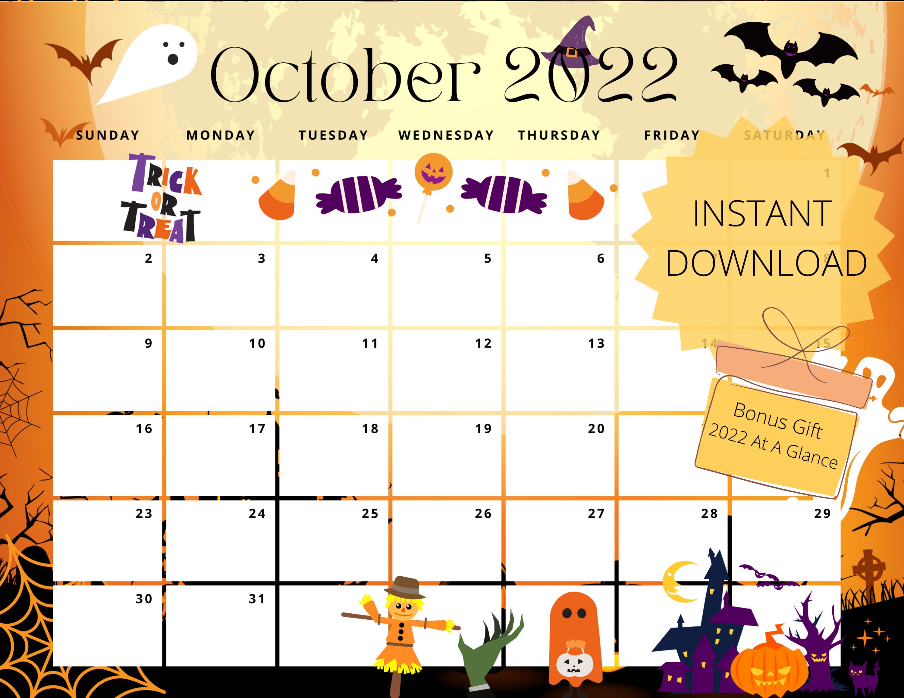 Editable Halloween Calendar October 2022 Monthly - Etsy Australia