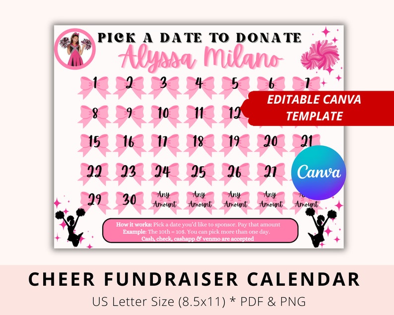 Editable Black Out My Board, Cheer Pick a Date to Donate, Pink ...