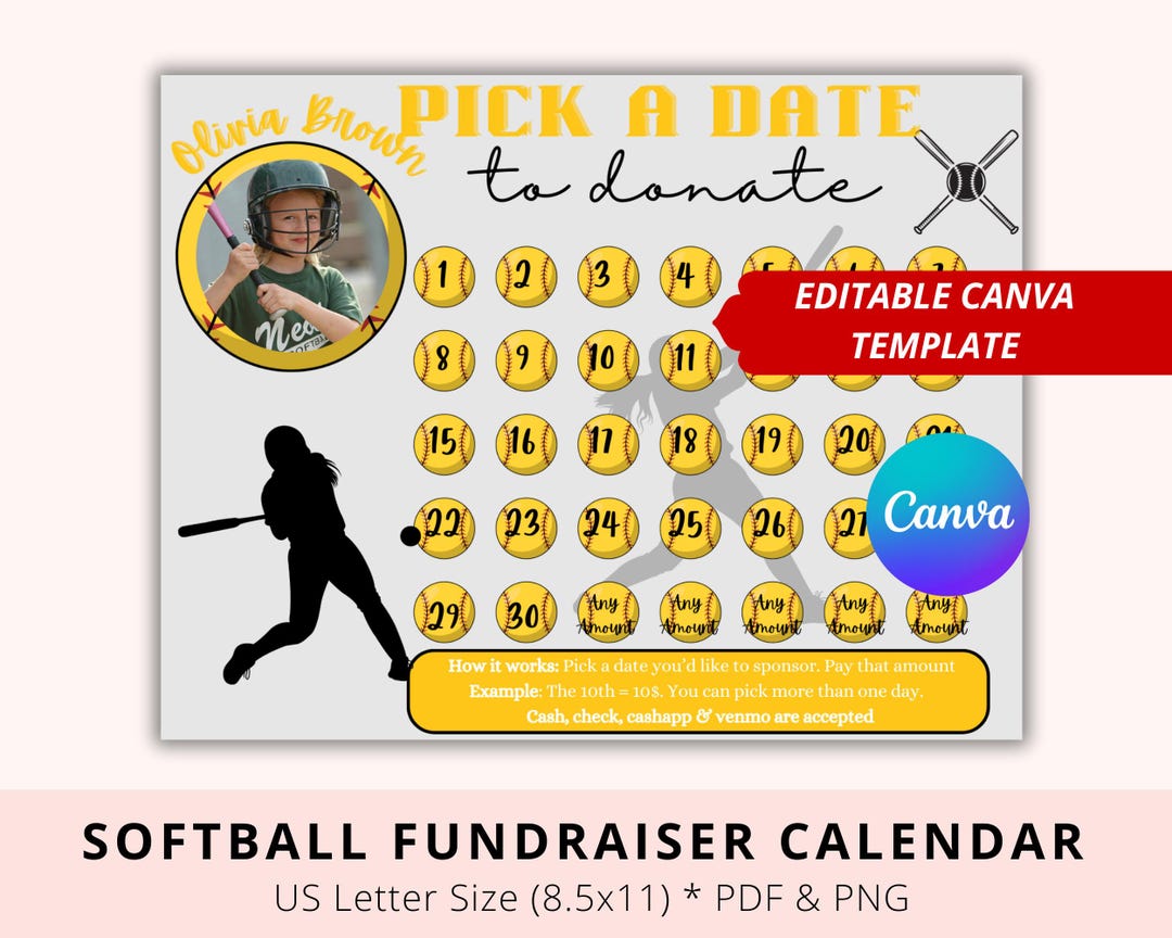 Editable Softball Black Out My Board, Yellow, Pick a Date to Donate ...